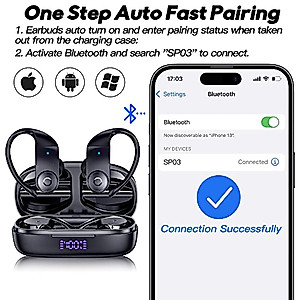 Wireless Earbuds Bluetooth Headphones with Earhooks[Solar Charging &Wireless Charging with LED Display][IPX7 Waterproof ]Wireless Over Ear Buds Built-in Mics Headset for Sport Running Workout-Black
