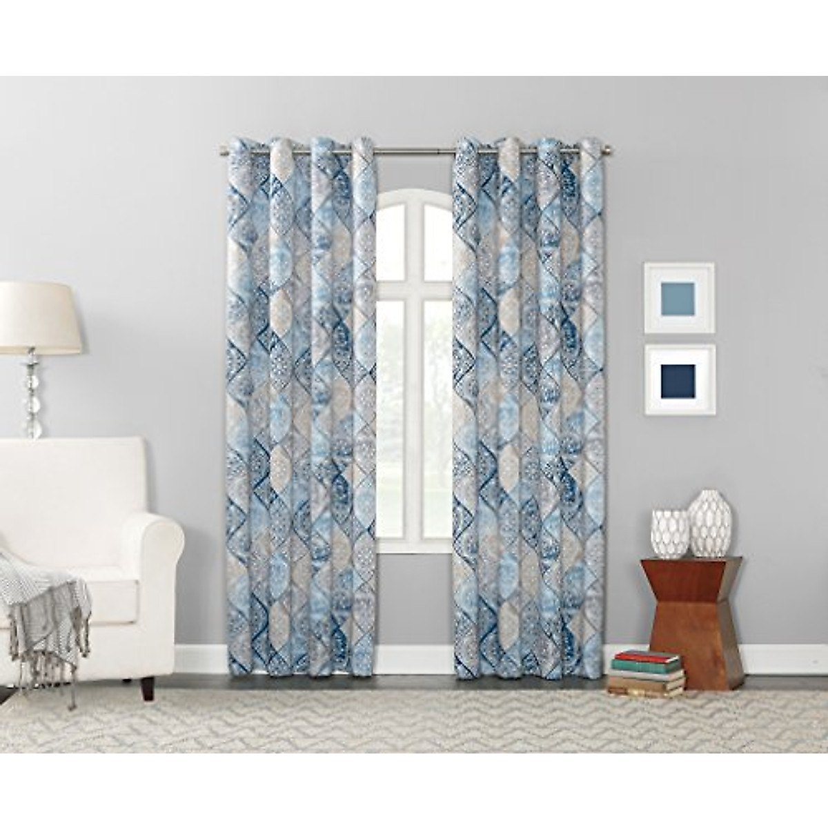 Sun Zero Reardon Global Medallion Print Energy Efficient Grommet Curtain Panel, 54" x 84", Indigo