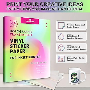 Printable Vinyl Sticker Paper DIY Decal Paper for Inkjet & Laser Printer Self-Adhesive Sheets Holographic Transparent 100 Sheets 8.5X11"