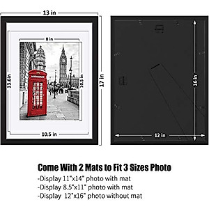12x16 Picture Frames Made of Solid Wood Display Pictures 11x14 or 8.5x11 Diplomas with Mat or 12x16 Frame without Mat - Picture Frame for 11x14 Black With 2 Mats for Wall Mounting or Table Top Display