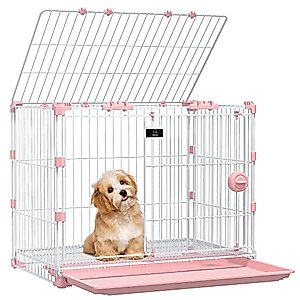 VARLNALY 30 Inches Basic Cat Dog Crate, Medium Dog Kennel with Double Door and Drawer Leak-Proof Tray, Sturdy Carbon Steel Pet Cage for Medium Dogs Cats Rabbit, Pink