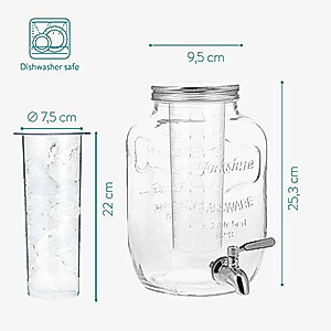 Navaris Beverage Dispenser with Spigot - 1 Gallon (4 L) Glass Drink Jar with Fruit Infuser and Ice Insert - for Cold Drinks, Water, Parties