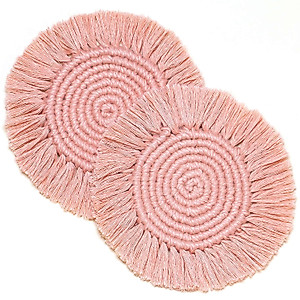 2 Pack Macrame Pink Coasters for Drinks, 7in Woven Boho Coaster Set, Handmade Absorbent Cotton Boho Coasters for Wooden Table Decor Boho Home Decor Housewarming Gift