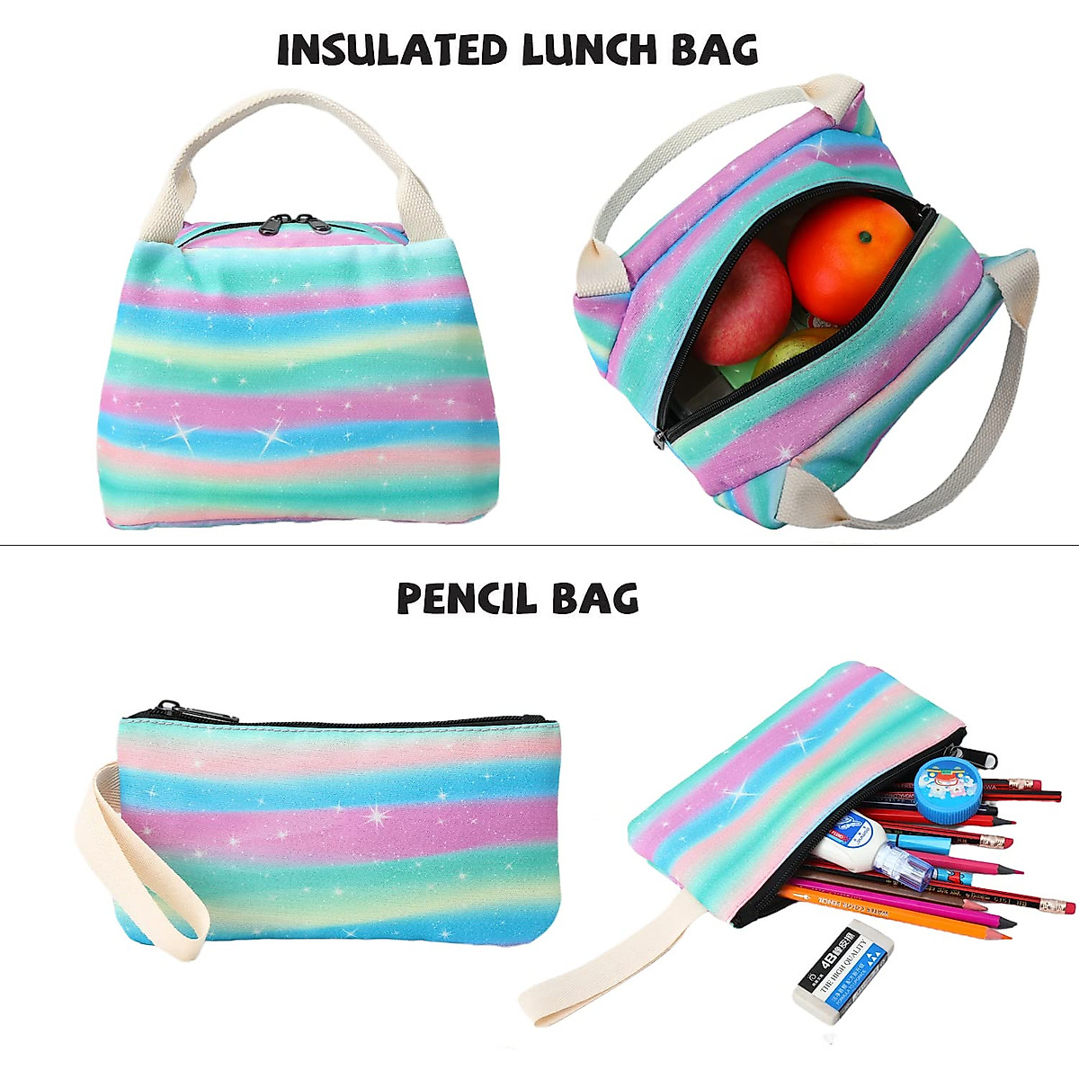 Joyfulife Girls Backpack with Lunch Box Kids School Backpack Bookbags Primary Elementary Student Backpack for Girls Set Rainbow