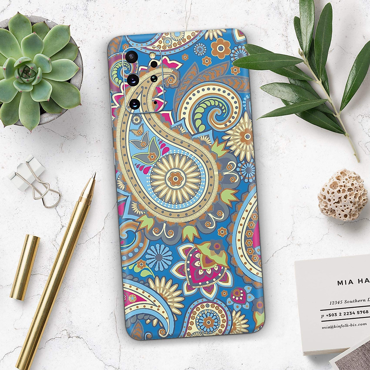 DesignSkinz Subtle Blue & Yellow Paisley Pattern Protective Vinyl Decal Wrap Skin Cover Compatible with The Samsung Galaxy S20 (Screen Trim & Back Glass Skin)