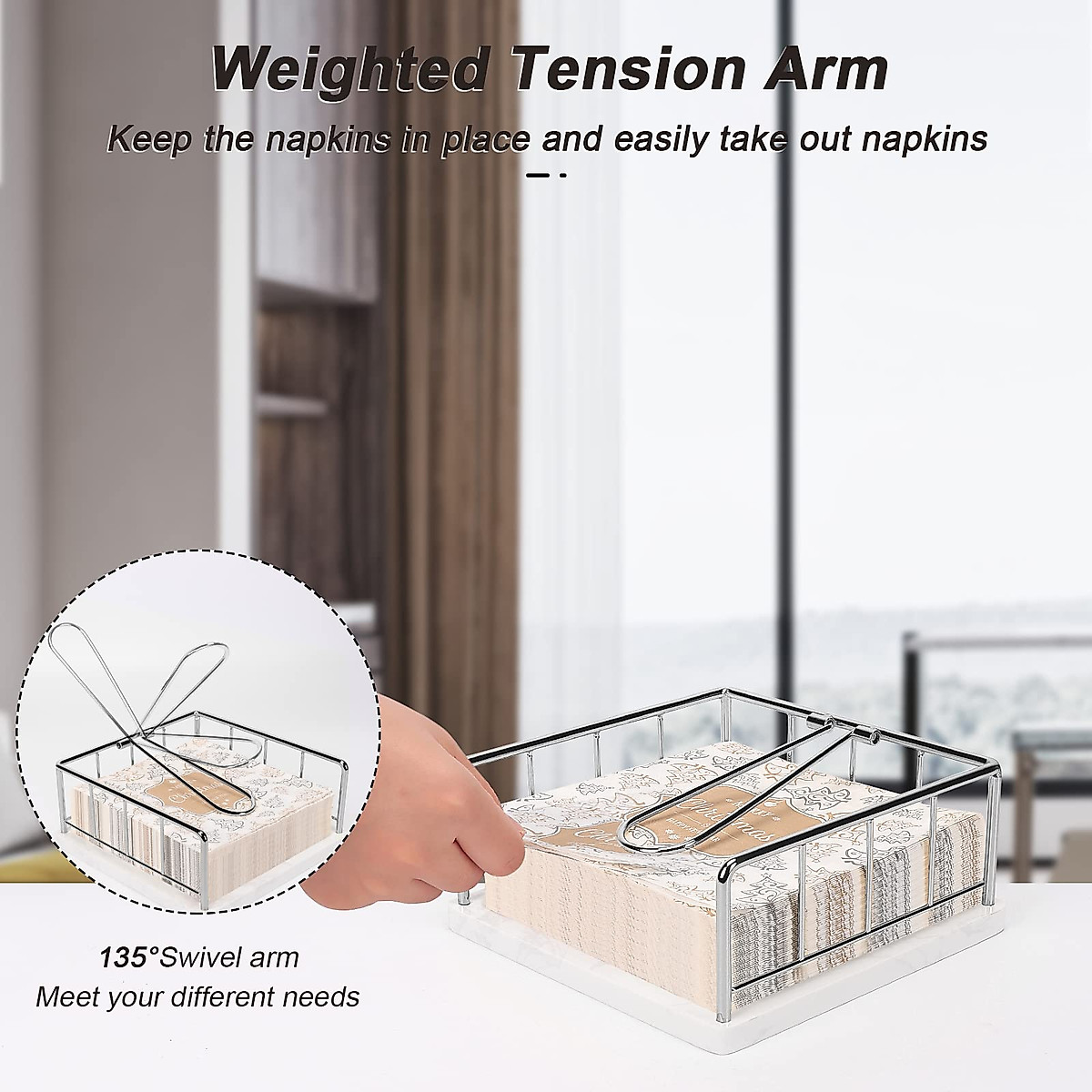 Livabber Flat Napkin Holder, Metal Kitchen Napkin Holder with Weighted Tension Arm Rustic Tissue Paper Dispenser for Countertop, Table Kitchen, Dining Room (With Marble Base, Chrome)