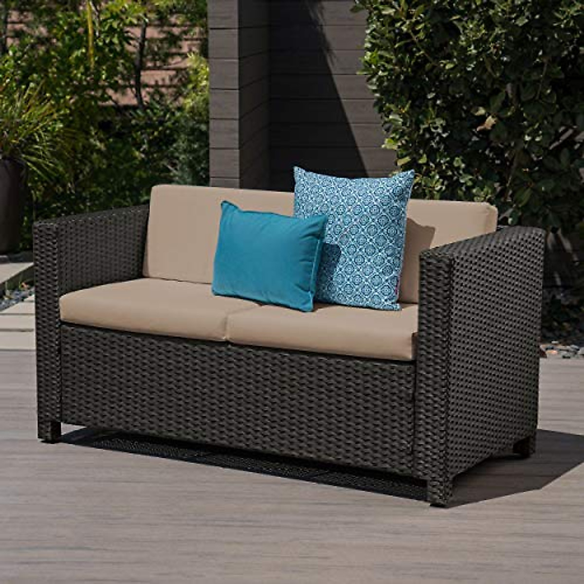 Christopher Knight Home Puerta Outdoor Wicker Loveseat with Cushions, Dark Brown / Beige Cushions