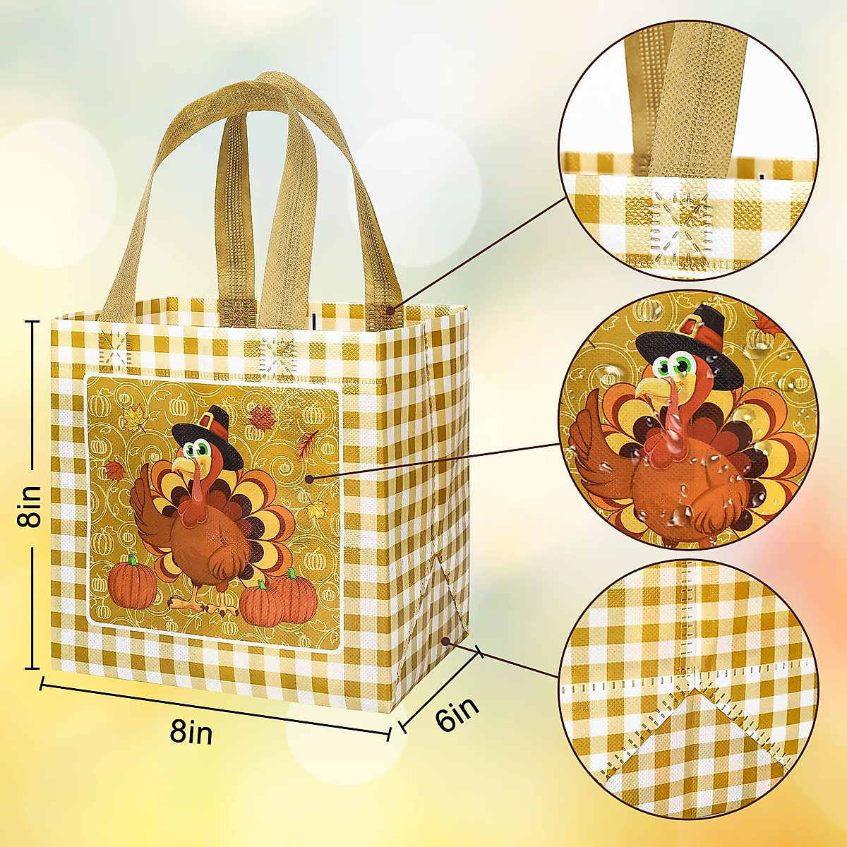 AnyDesign Fall Reusable Gift Bag Pumpkin Turkey Gnome Tote Bags with Handles Autumn Party Treat Bag Grocery Shopping Bag Waterproof Non-Woven Bags for Fall Thanksgiving Pumpkin Patch Party, 8 Pack