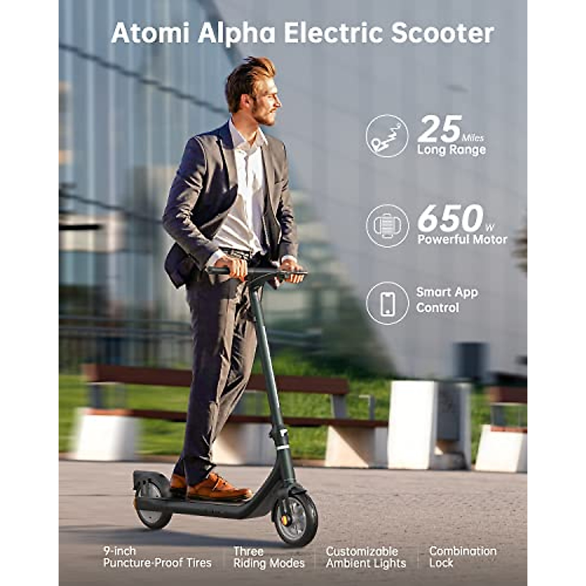 Atomi Alpha Electric Scooter Adults, 650W Motor Electric Scooter with 25 Miles Long Range, 19 Mph Speed, Colorful Ambient Lights, Combination Lock, Smart App, Folding Portable Adults Electric Scooter