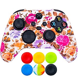 9CDeer 1 Piece of Silicone Transfer Print Protective Thick Cover Skin + 6 Thumb Grips for Xbox Series X/S Controller Pink Flowers