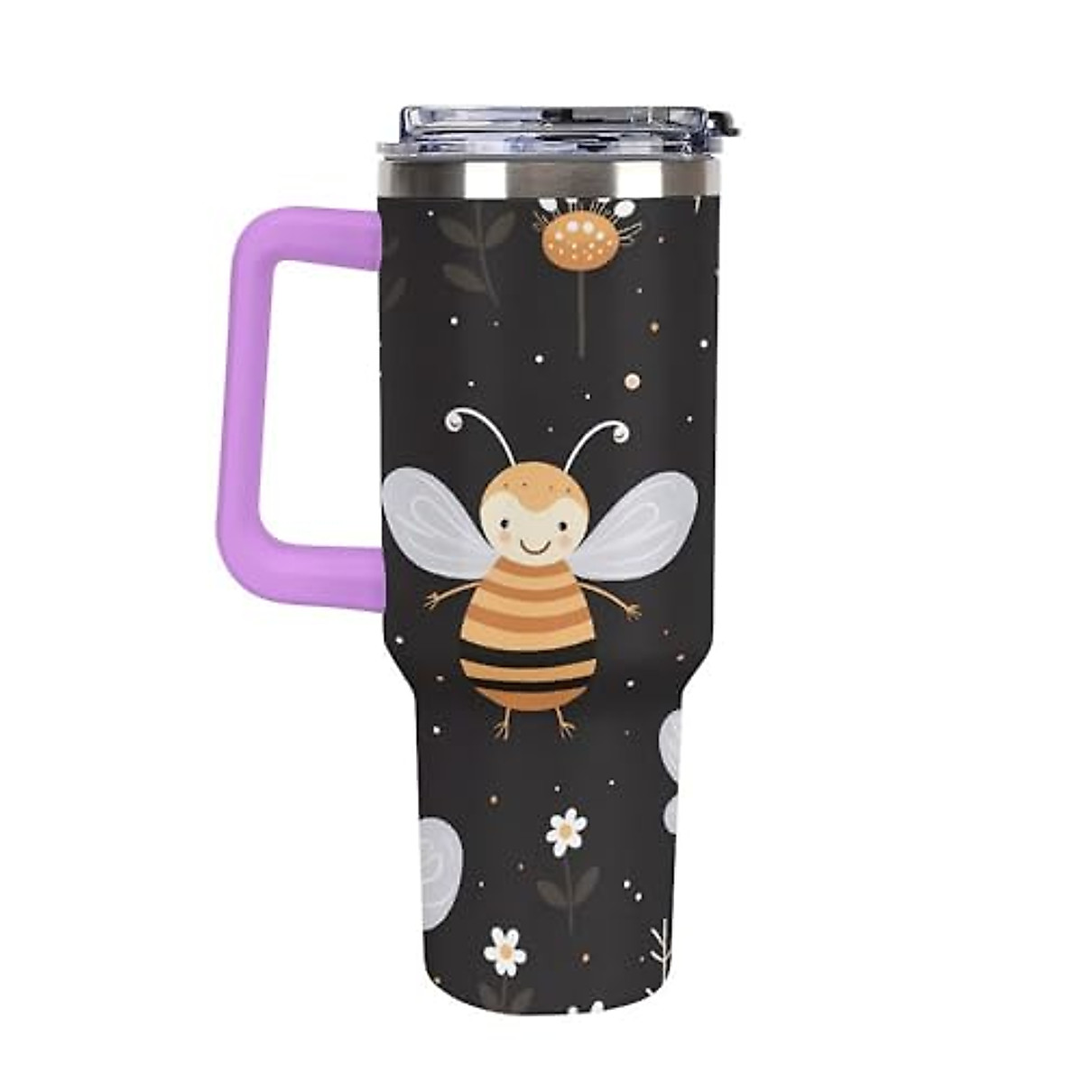 Floral Bee 40 Oz Car Cup Stainless Steel Travel Mug Leak-Proof Insulated Tumbler with Handle Violet-style