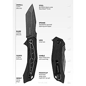 Kershaw Flatbed Pocket Knife, Black 3.125 inch Blade with SpeedSafe Opening Mechanism, Glass Filled Nylon Handle with Liner Lock and Pocketclip