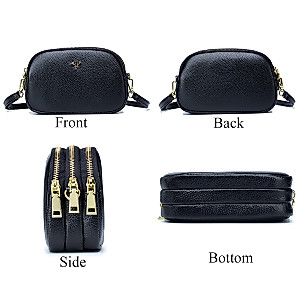Triple Zip Small Crossbody Bags Genuine Leather Shoulder Handbags Trendy Design Cellphone Purses for Women and Girls(black)