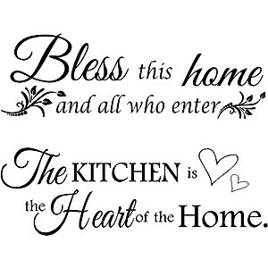 2 Sheets Bless This Home Kitchen Wall Decor Decals The Kitchen Quote and Wall Stickers All Who Enter Kitchen Vinyl Wall Quote Art Dining Entryway and Living Room Wall Decal Decor, 12 x 35.4 Inch