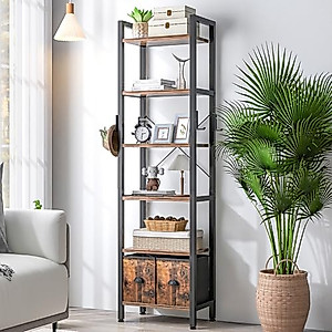 oneinmil 6-Tier Bookshelf with 2 Storage Drawers, Industrial Display Standing Shelf, Rustic Wood Storage Shelf with Metal Frame, Open Bookcases for Living Room, Bedroom, Home Office (Brown)