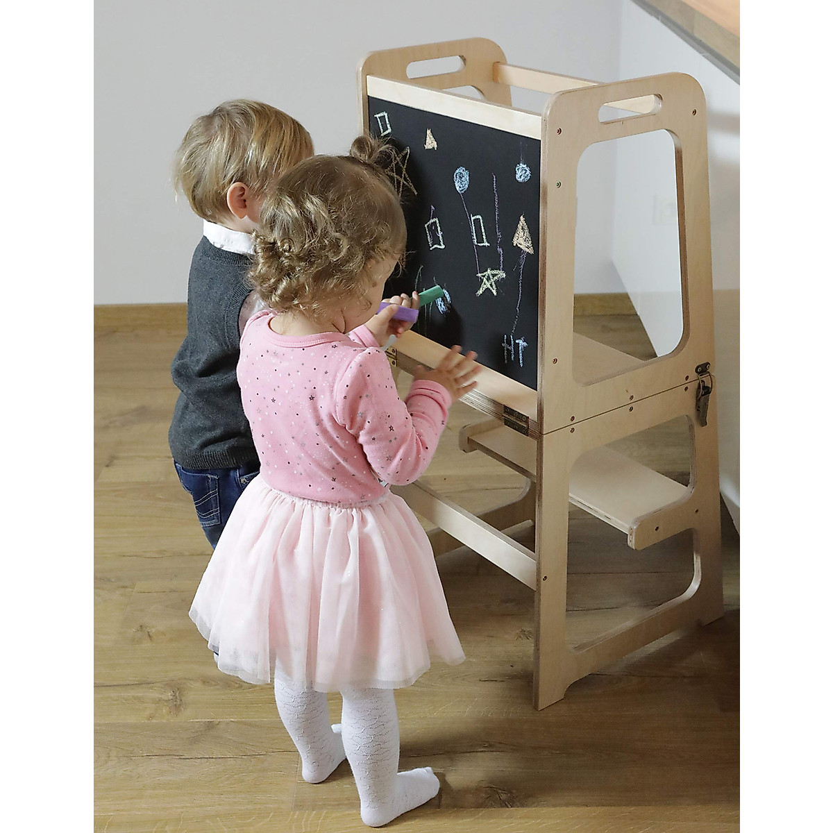Foldable Montessori helper tower - Table & Chair with Chalkboard All-In-One (Natural lacquered)
