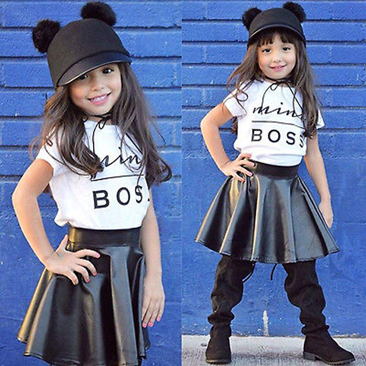 Afunbaby Toddler Baby Little Girls Fashion Clothes Mini Boss Shirt Tops&Leather Skirt 2Pcs Clothing Outfits Set (1-2T,Mini Boss Leather Sk)