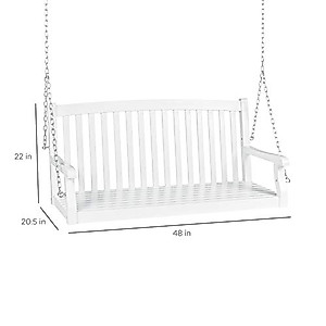 Best Choice Products 48in Wood Porch Swing Outdoor Patio Hanging Bench Chair Furniture for Deck, Garden, Yard w/Mounting Chains, Curved Back Design, 500lb Weight Capacity - White