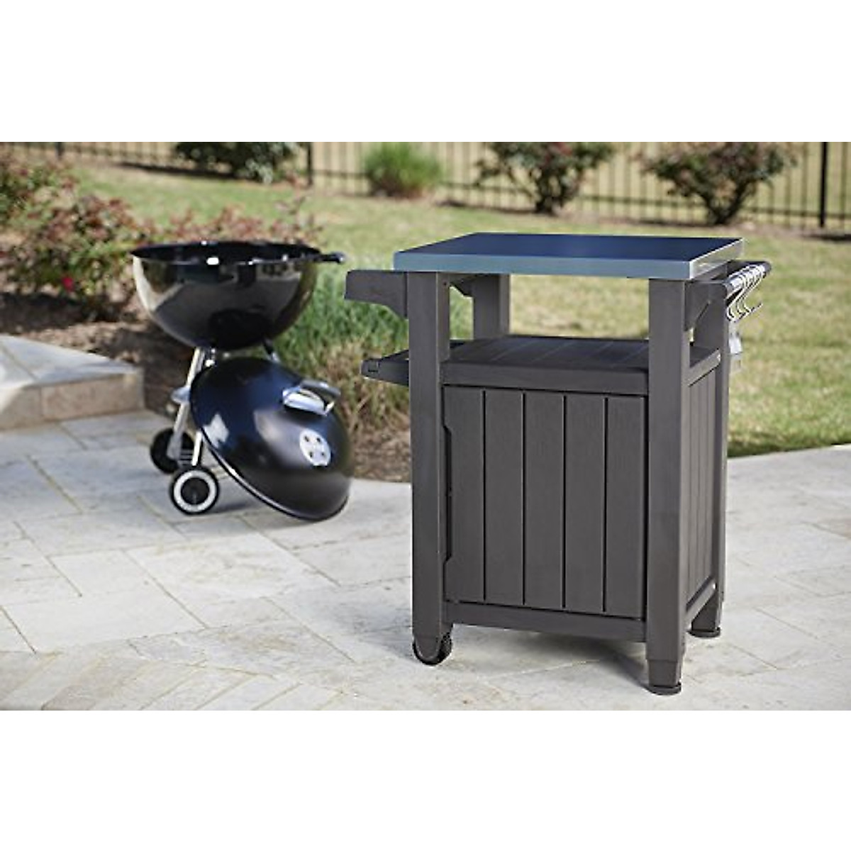 Keter Unity Portable Outdoor Table and Storage Cabinet with Hooks for Grill Accessories-Stainless Steel Top for Patio Kitchen Island or Bar Cart