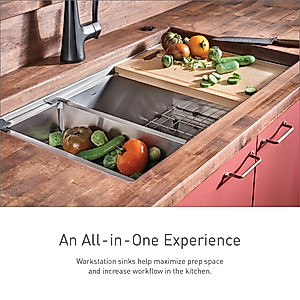 Moen Luxe Chef 18-Gauge Stainless Steel Dual Mount 33" x 22" Single Bowl Workstation Sink, Includes Cutting Board, Flexible Drying Rack, Colander, Bottom Sink Grid, and Drain, GS181012BUX