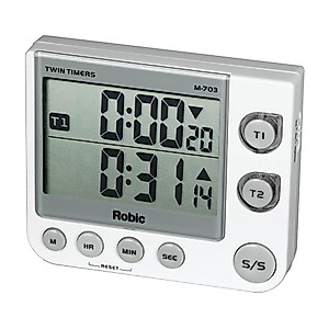 Robic M-703 Twin Timers; Countdown, Countup Game and Activity Timer; Flashing LED confirms Activity, Silent, Medium or Extra Loud Alarm at Completion…America's Timer, White, One Size