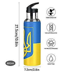 Stainless Steel Water Bottle with New Wide Handle Straw Lid Ukraine Flag National Emblem Portable Sport Bottle 20 Oz