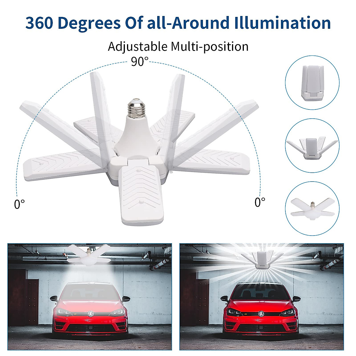 TUODAW LED Garage Lights 2 Pack, The New 100W Deformable LED Shop Lights with 5 Adjustable Panels, E26/E27 LED Ceiling Light, 10000LM 6500K Hight Bay Light for Basement Warehouse Workshop