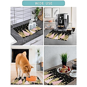 Coffee Mat for Counter, Pink Gold Christmas Tree Winter Snowflake Black Absorbent Hide Stain Coffee Bar Mat, Non-slip Coffee Bar Accessories Kitchen Drying Mat Fit Under Coffee Maker Espresso Machine