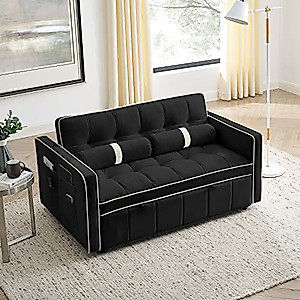 JEEOHEY Sleeper Sofa Couch w/Pull Out Bed, 55.5" New Upgraded Tufted Velvet Convertible Sleeper Sofa Bed, Small Love seat Sofa Bed w/ 2 Pillows for Small Space, Living Room, Apartment, Black