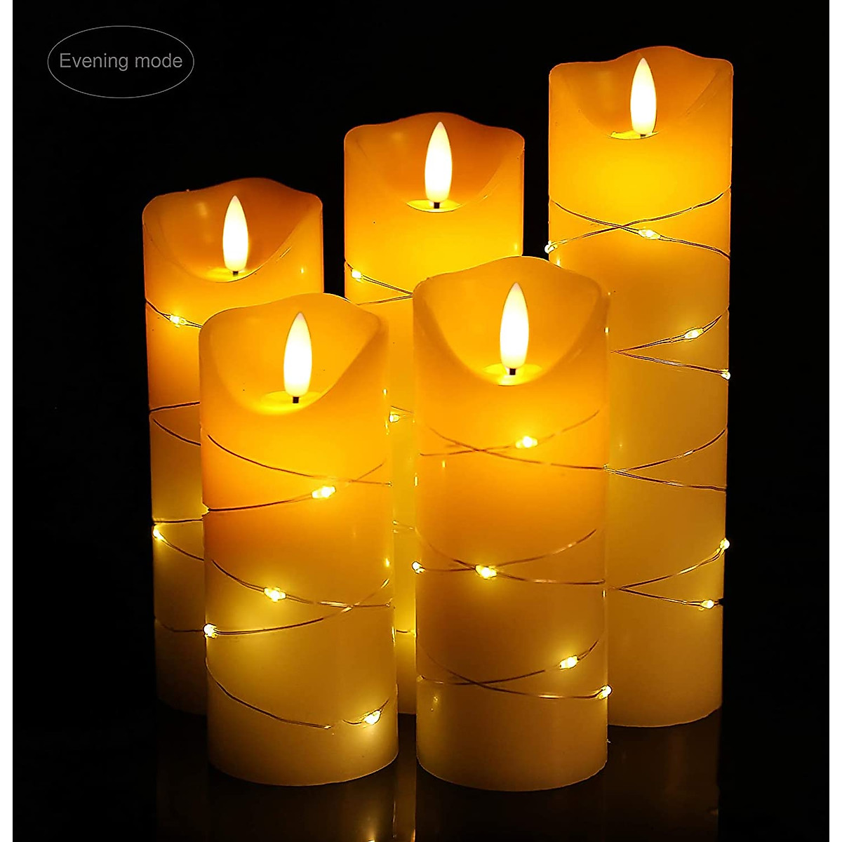 DANIP flameless Candle, with Embedded String Lights, 5-Piece LED Candles, with 10-Key Remote Control, 24-Hour Timer Function, Dancing Flame, Real Wax, Battery-Powered. (Ivory White)