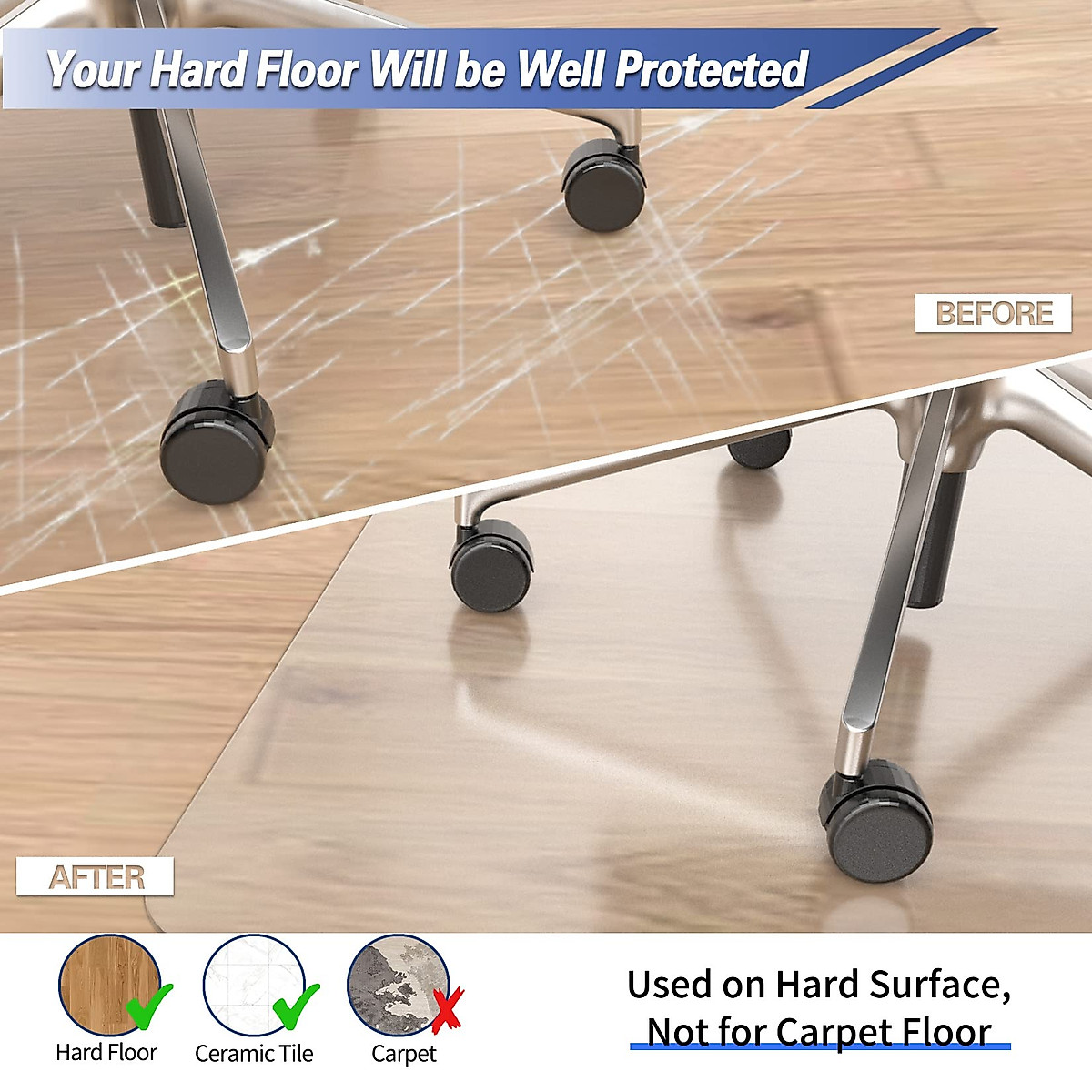 Amyracel Large Office Chair Mat for Hardwood Floor, 46” x 60” Clear Desk Chair Mat for Hard Floors, Easy Glide Floor Protector Mat for Office Chairs