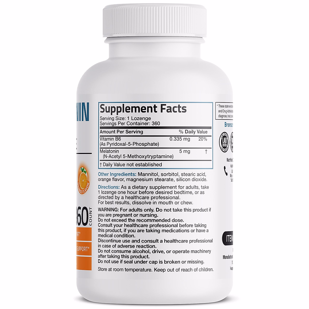 Bronson Melatonin 5mg Fast Dissolve Orange Flavor Tablets with Vitamin B6 - Promotes Relaxation, 360 Vegetarian Chewable Lozenges