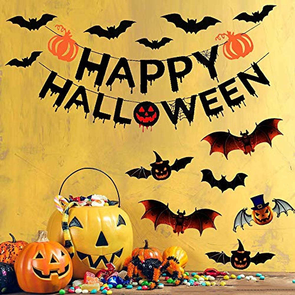 JOLLY SWEETS Happy Halloween Banner Set with Scary Bat Stickers 28Pcs, Pumpkin Sign Designed with Ghost, with Scary 3D Bat Wall Stickers, Halloween Decorations, Halloween Party Supplies