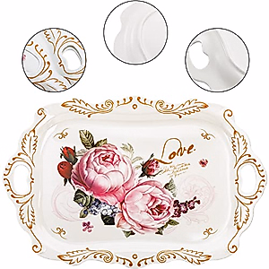 DEAYOU 3-Pack Melamine Serving Tray, Stackable Food Tray with Handles for Eating, Unbreakable Large Serving Platter with Floral Print for Gift, Party, Decor, Home, Restaurant, 16"L x 11"W, Rectangle