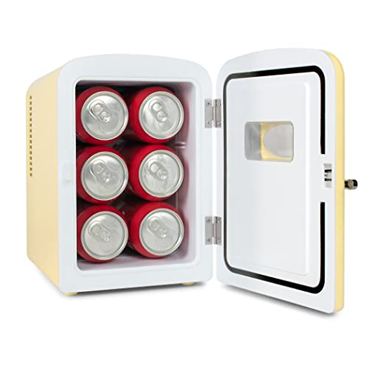 Nostalgia Retro 6-Can Personal Cooling and Heating Mini Refrigerator with Eraser Board Door Carry Handle and Display Window for Home, Office, Car, Boat or Dorm Room, Yellow, 1 cubic feet