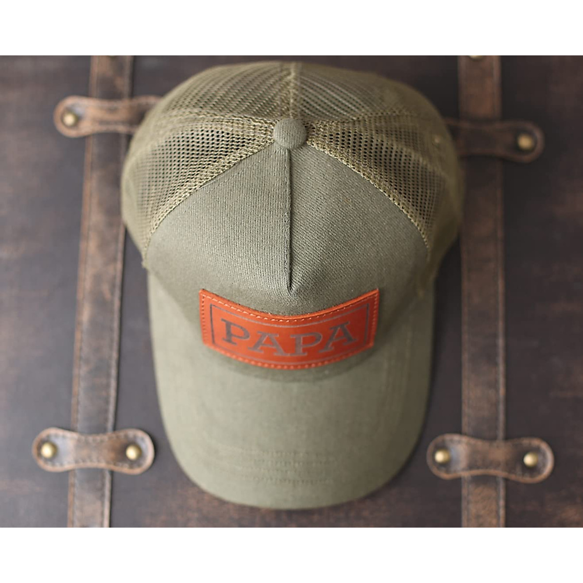 Papa Hat，Leather Patch Hat Papa for Papa Baby Announcement Gift for Papa Olive