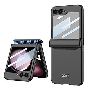 Magnetic Folding Phone Case for Samsung Galaxy Z Flip 5, All Inclusive Phone Protective Case for Flip5, Solid Color with Glass Screen Protector (Black)