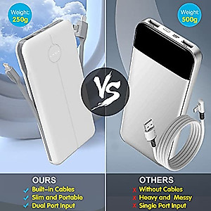 GiieeGii Portable Charger with Built in Cable, 10000mAh Power Bank with Type-C 3 Kinds Cables and USB Output Cell Phone Battery Backup Compatible with iPhone Android Smartphones