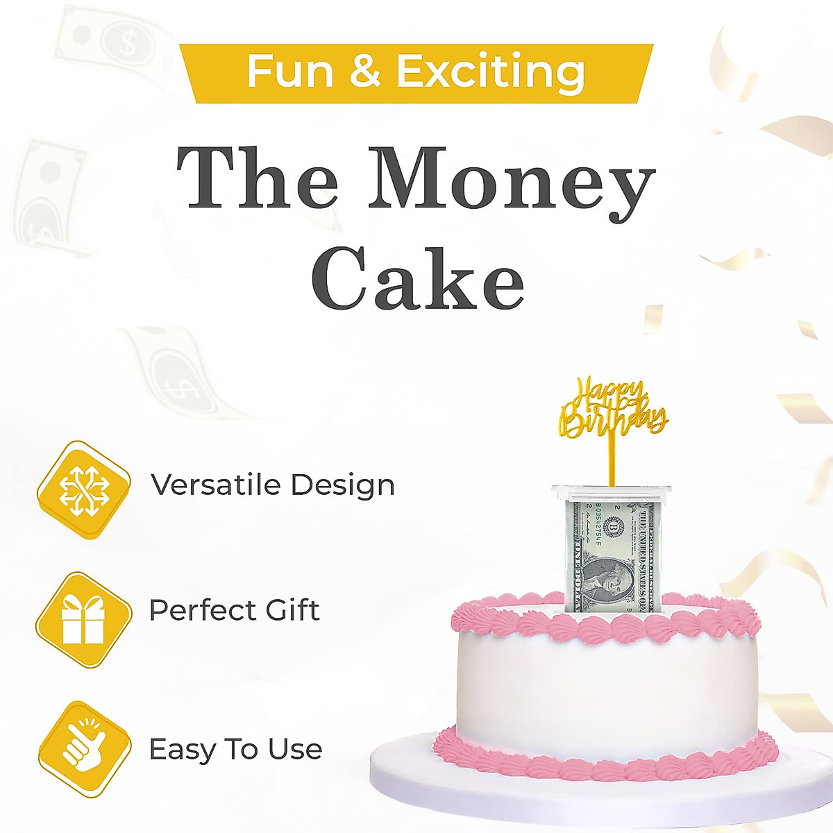 The Money Cake - Money Cake Pull Out Kit Includes 1 Money Box 1 Plastic Roll 50 Transparent Bag Connected Pocket, and Happy Birthday Cake Topper for Birthday Parties