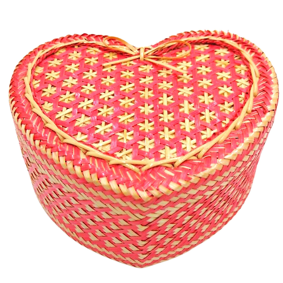 Bamboo Sticky Rice Serving Basket 6x5.2 Inch, Kratip, Intricately Woven Container, Heart-Shaped, American Flag, Thailand Handmade, Dyed with Natural Based (Red Pikul Flowers)
