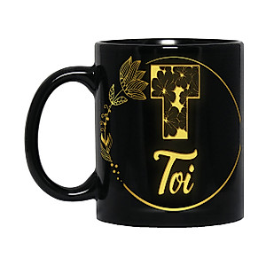 Coffee Mug Personalized Toi Name & Initial Letter Monogram Floral Alphabet Mug Golden Flowers Custom Black Coffee Cup, Gift for Her Mom Coworker Sister, Wife, Girl 11oz Black Mug 254335