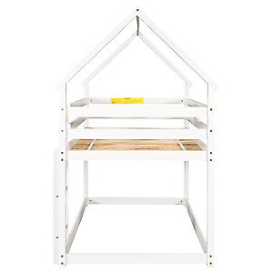 MERITLINE Bunk Bed Twin Over Twin for Kids, Wooden Tree House Bunk Beds with Ladder and Safety Guardrail, Floor Bunk Bed for Toddlers/Girls/Boys, White