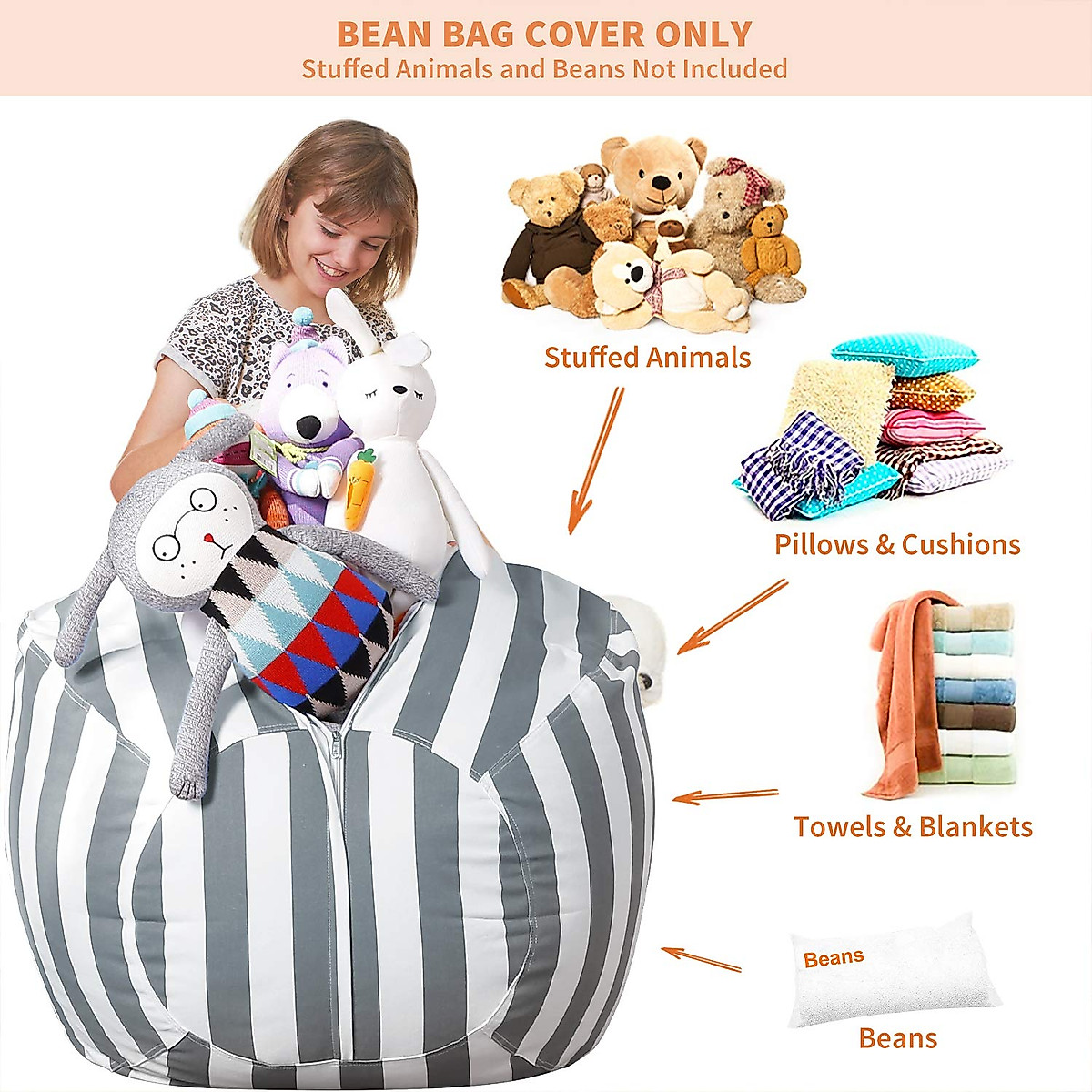 Aubliss Stuffed Animal Storage Bean Bag Chair Cover Only for Plush Toys, Blankets, X-Large 48"-Canvas Stripes Grey