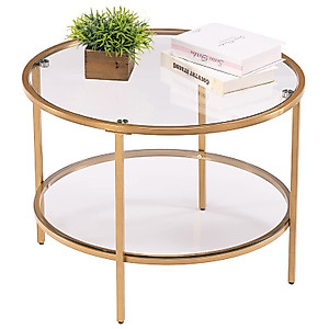 VINGLI 25.6" Round Gold Coffee Tables for Living Room, 2-Tier Glass Top Coffee Table with Storage Clear Coffee, Simple & Modern Center Table for Small Space