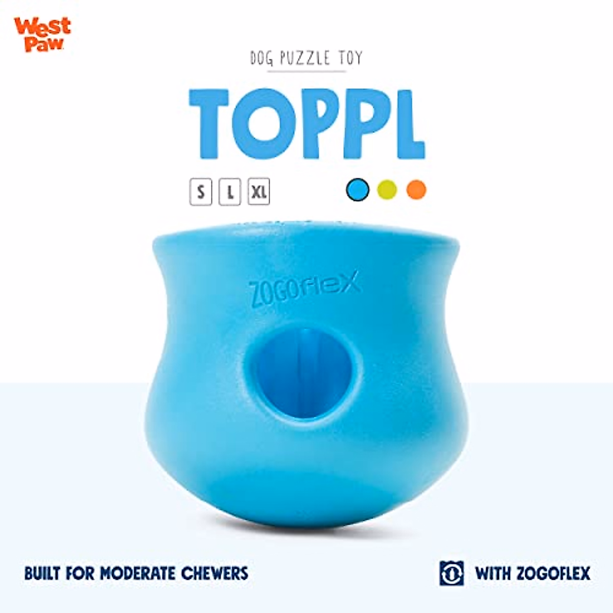 WEST PAW Zogoflex Toppl Treat Dispensing Dog Toy Puzzle – Interactive Chew Toys for Dogs – Dog Toy for Moderate Chewers, Fetch, Catch – Holds Kibble, Treats, Large 4", Aqua Blue