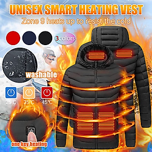 COMIOR Electric Heated Jacket, Men Women Heated Hoodie Coat, USB Rechargeable Electric Heating Jacket with 9 Heating Zones Body Warmer Coat Hooded Down Jacket for Winter Outdoor Working Sports