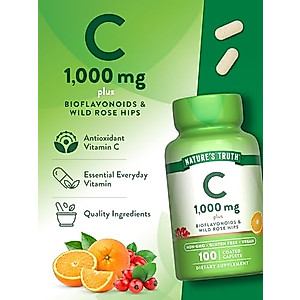 Vitamin C Bioflavonoids & Rose Hips | 1000mg | 100 Caplets | Vegetarian, Non-GMO, Gluten Free | by Nature's Truth
