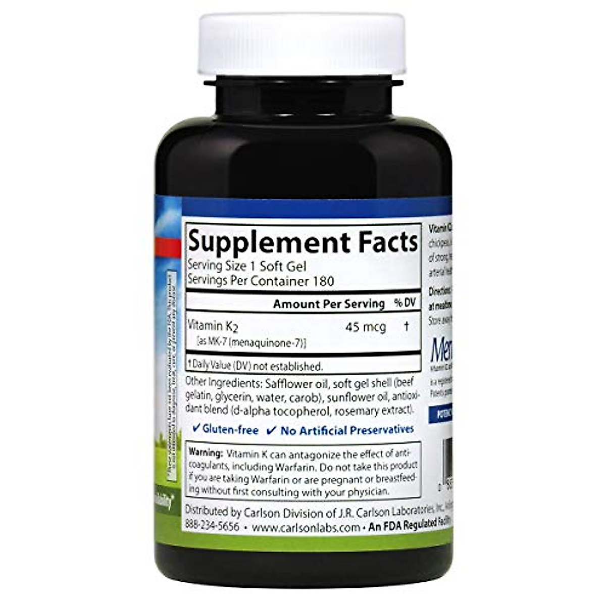 Carlson - Vitamin K2 MK-7 (Menaquinone), 45 mcg, Bone Support, Circulation Function & Calcium Bioavailability, 180 Softgels