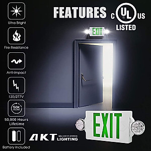 AKT LIGHTING LED Emergency Light & Exit Sign Combo, Green Exit Sign, UL Certified Emergency Exit Light, Adjustable Lamps with Back-up Battery for Business (Green, 6 Pack)