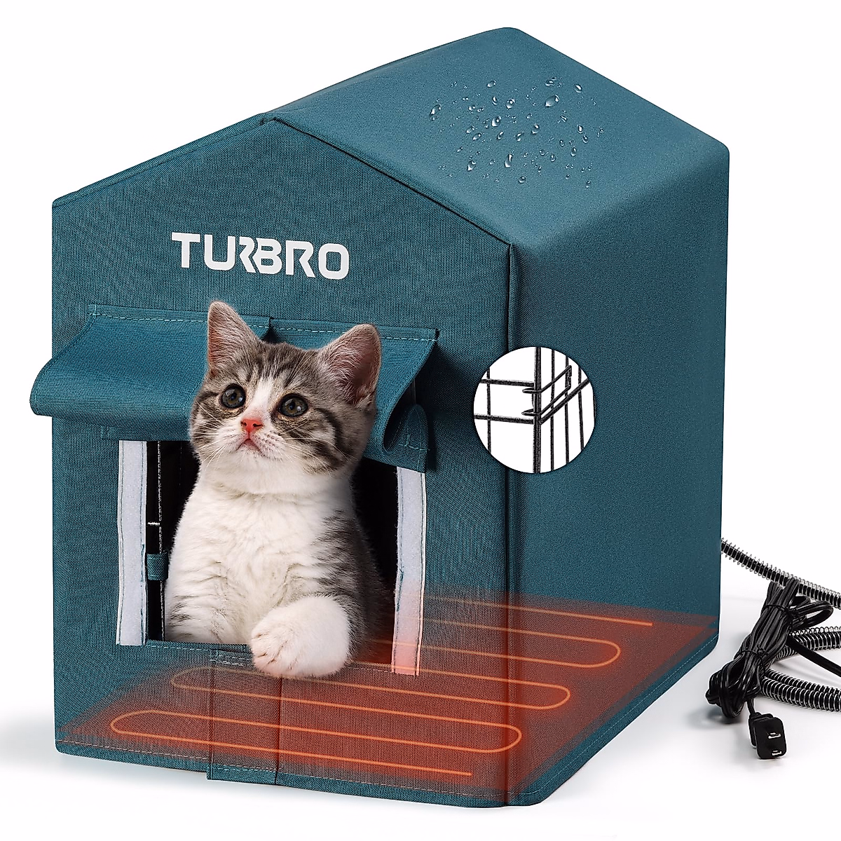 TURBRO Heated Cat House Outdoor, Insulated and Weatherproof Iron Shelter for Feral and Cats Outside, Heating Pad Bed with 14.7ft Anti-Bite Cord, UL Test Passed, Blue